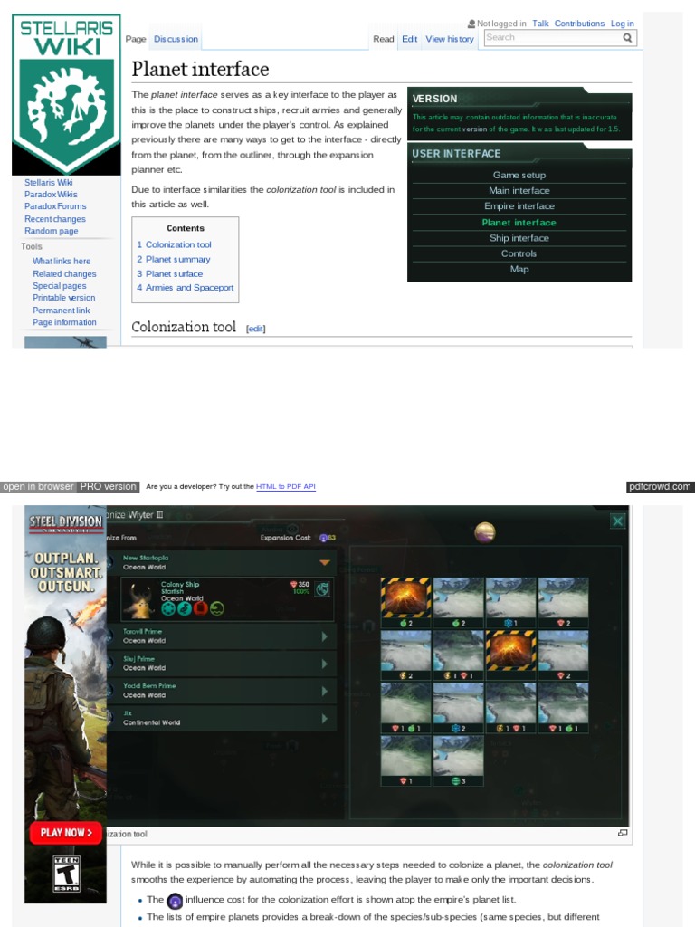 Stellariswiki Planet Interface | PDF | Html | Colonization