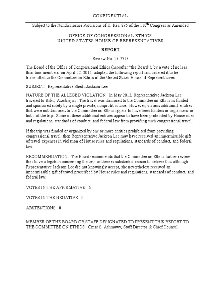 Office of Congressional Ethics Investigation of Representative Sheila ...
