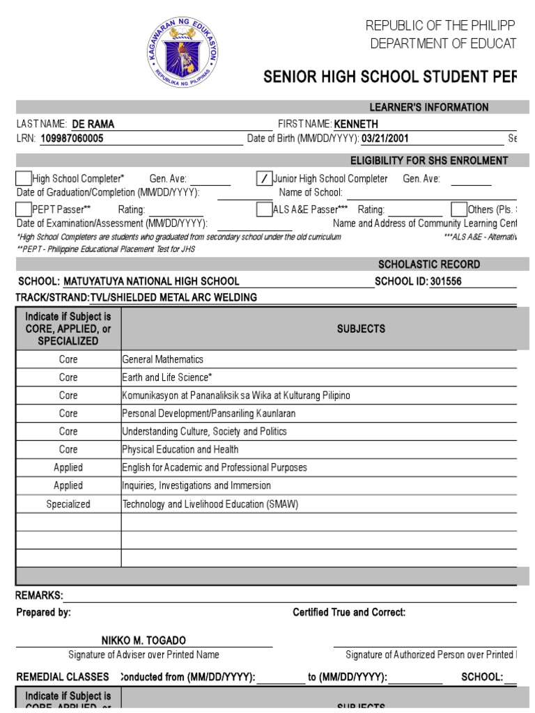Senior High School Student Permanent Record: Republic of The ...