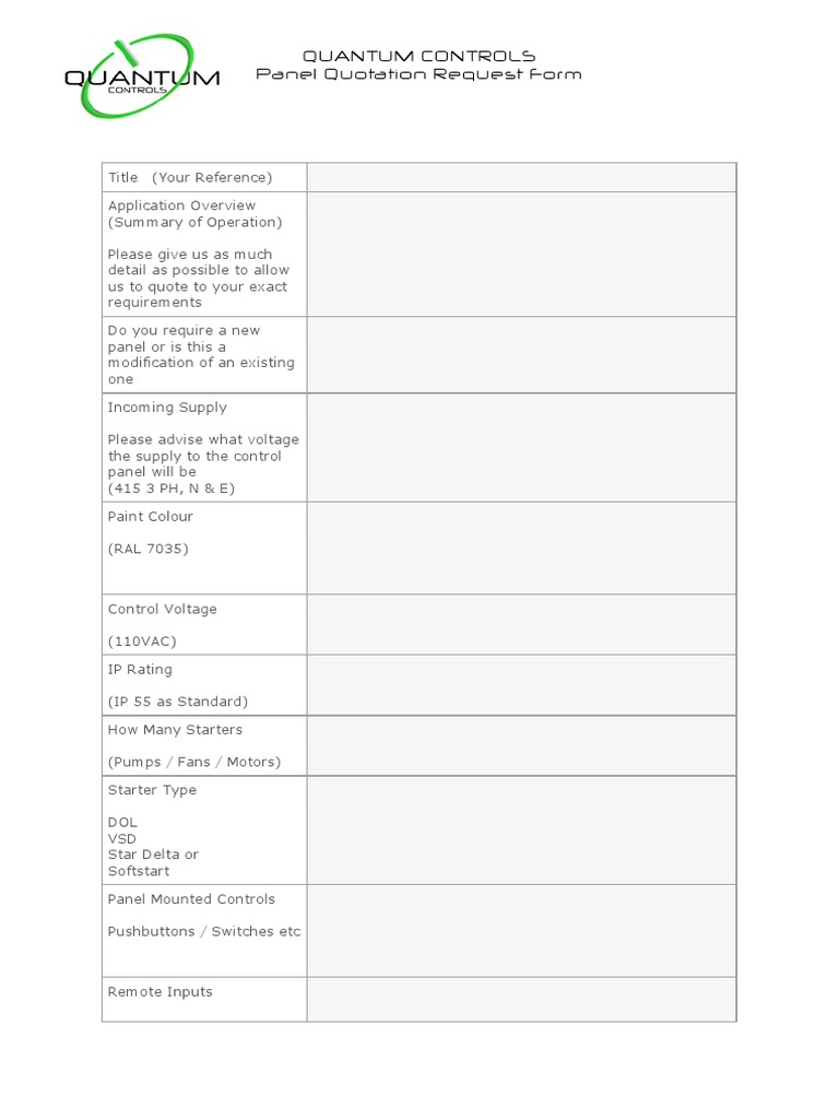 Quantum Controls Panel Quote Request Form | PDF