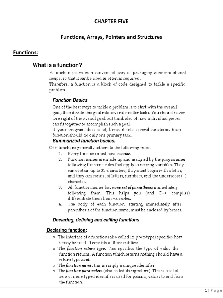 Chapter Five Functions Arrays Pointers And Structures Functions What Is A Function 