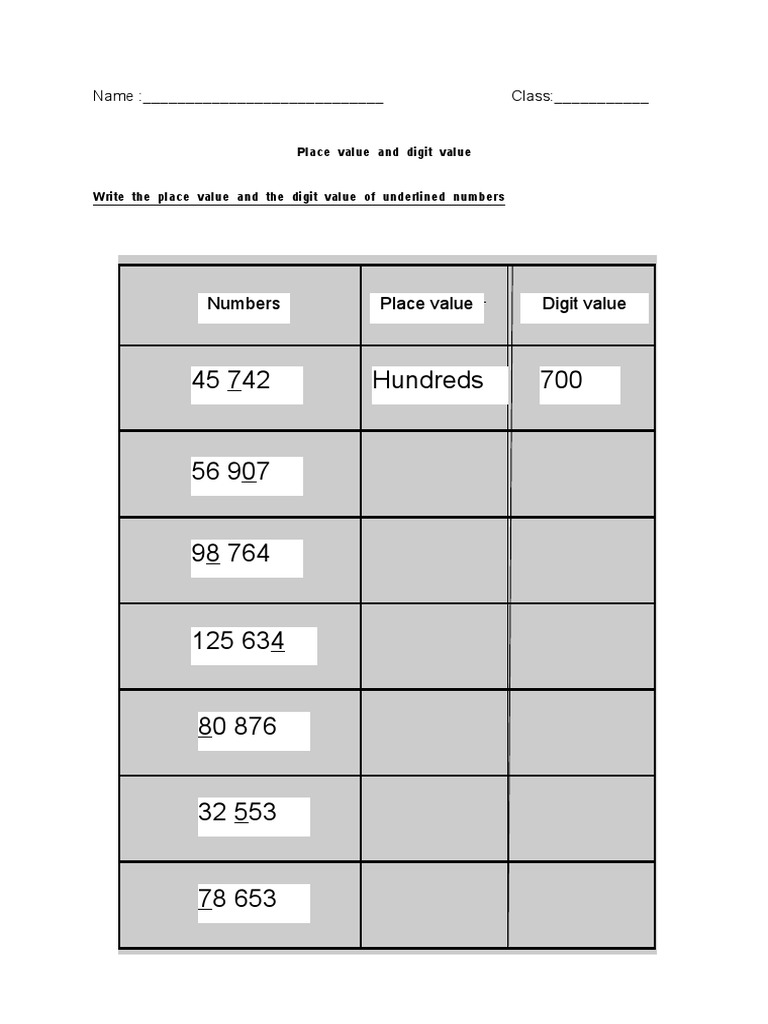 Place and Digit Value Worksheet | PDF