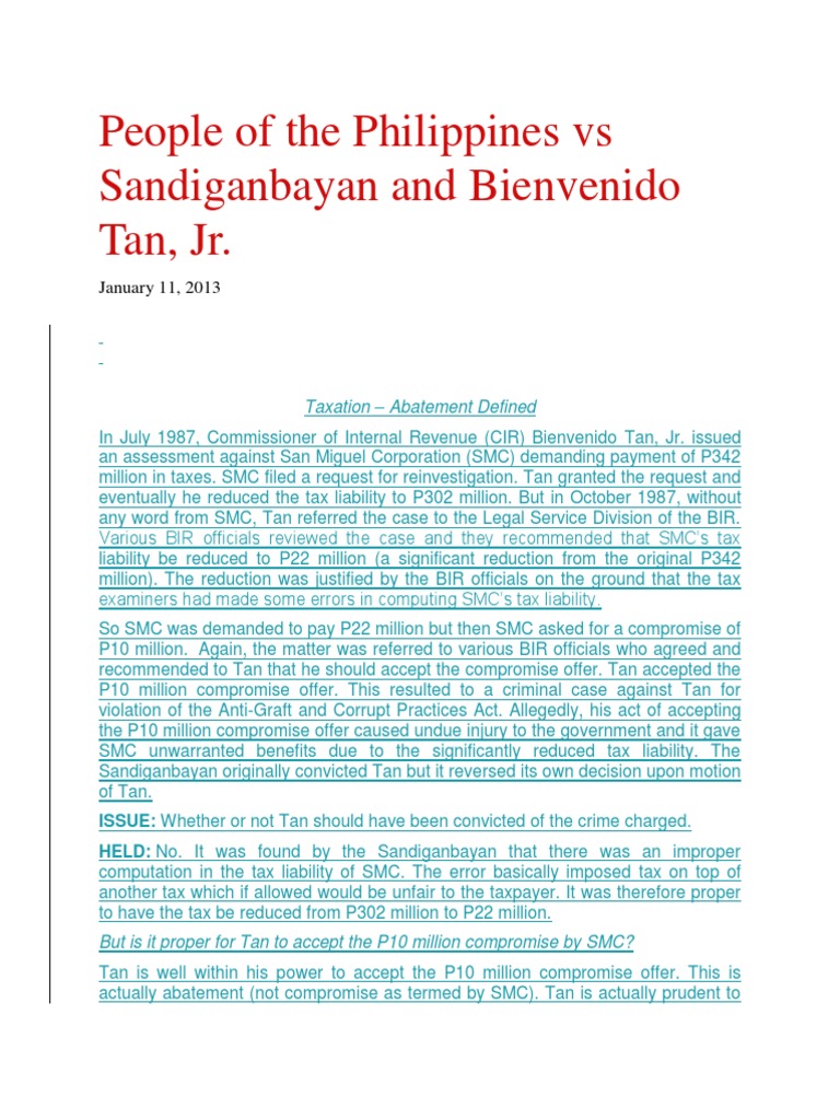 People of The Philippines Vs Sandiganbayan and Bienvenido Tan | PDF ...