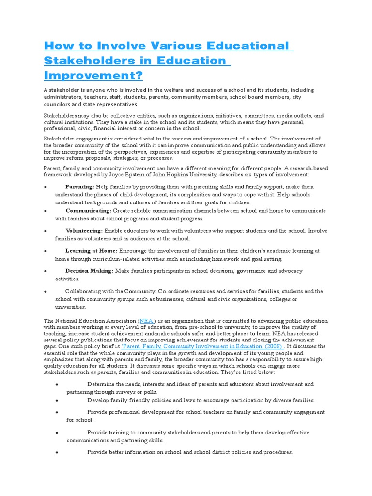 How To Involve Various Educational Stakeholders in Education ...