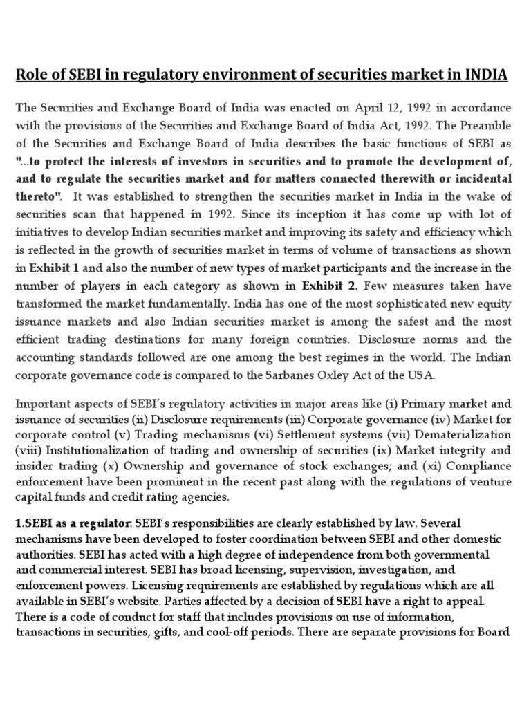 ROLE of SEBI | PDF | Insider Trading | Securities (Finance)
