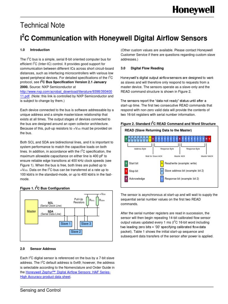 Honeywell Sensing I2c Communications Digital Airflow Sensors Technical ...