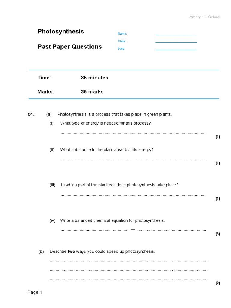 Photosynthesis Past Paper Questions AQA PDF | PDF | Plant Nutrition ...