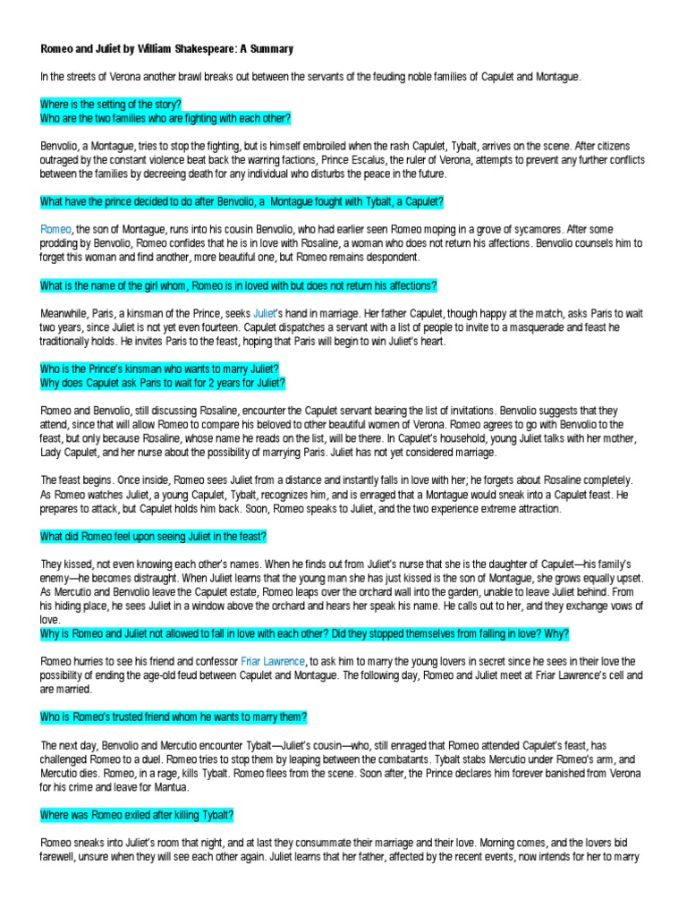 Romeo and Juliet Summary With Questions | PDF | Characters In Romeo And ...