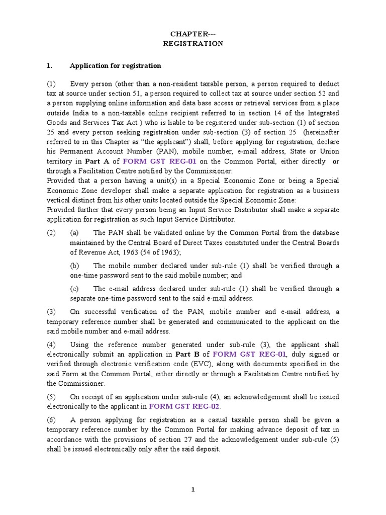 Chapter - Registration 1. Application For Registration: Form GST Reg-01 ...