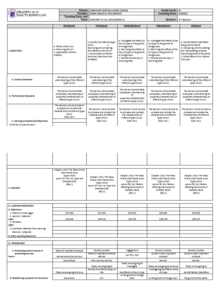Grade 4 Dll Science 4 q4 Week 1 | Soil | Educational Psychology