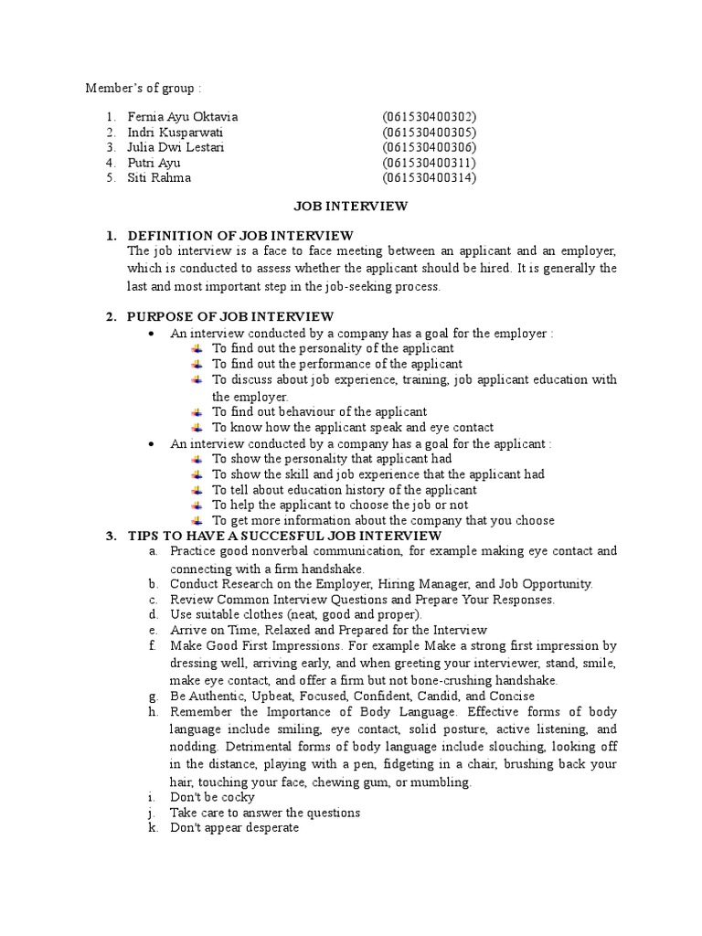 Job Interview 1. Definition of Job Interview | PDF | Job Interview ...