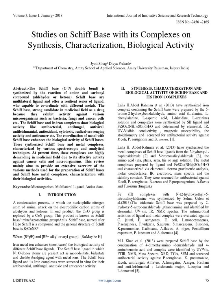 Studies On Schiff Base With Its Complexes On Synthesis Characterization Biological Activity ...