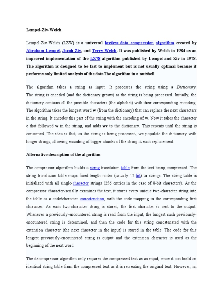 LZW Algorithm: Lossless Data Compression | PDF | Encodings | Theoretical Computer Science