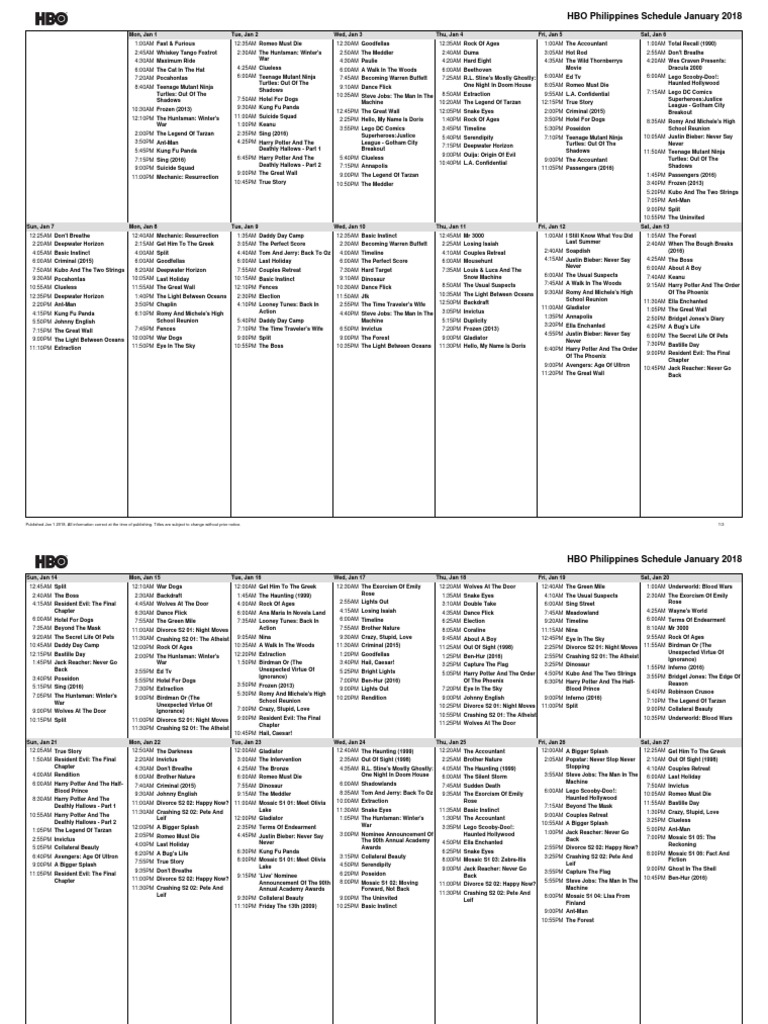 HBO Philippines Schedule January 2018 | PDF | Leisure