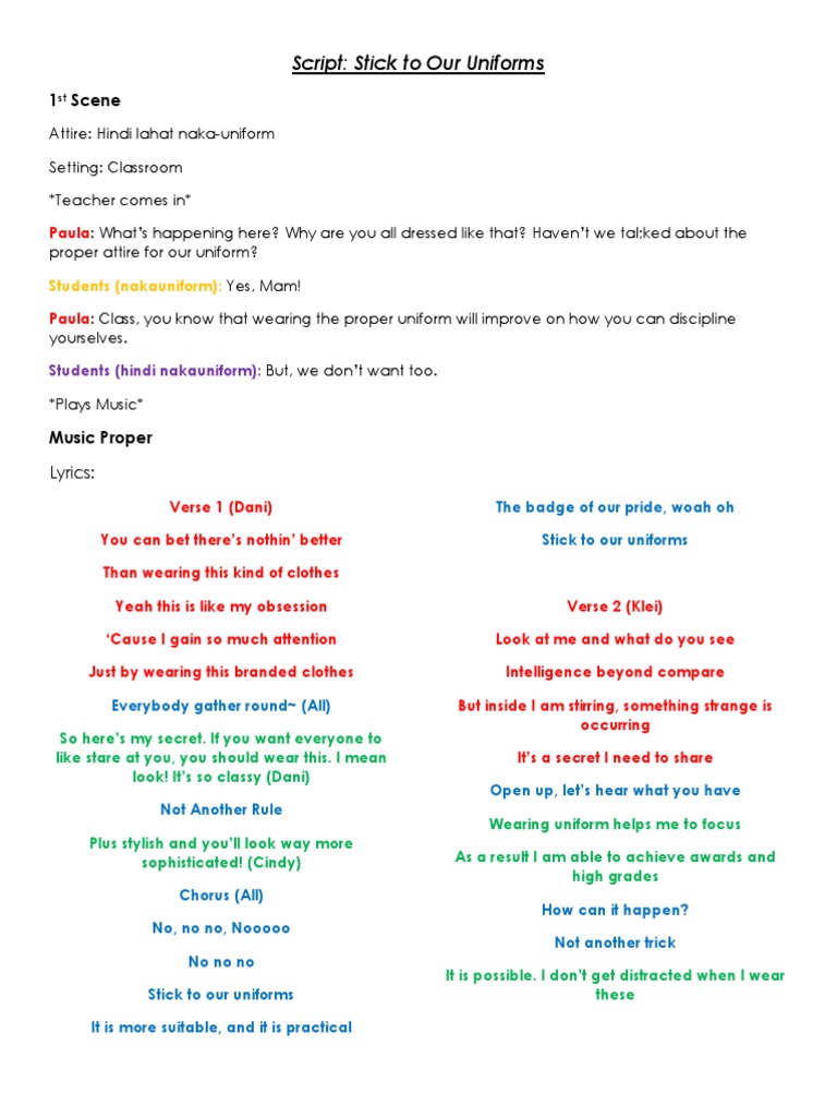 Script: Stick To Our Uniforms: 1 Scene | PDF | Clothing | Schools