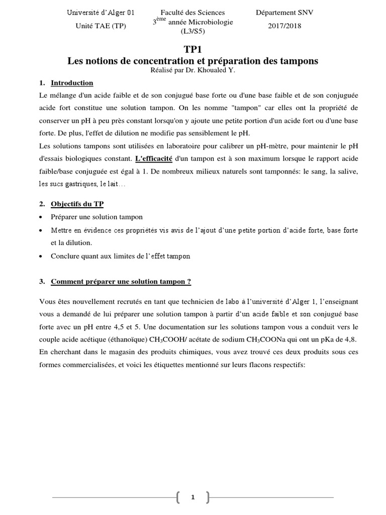 Préparation et Propriétés des Solutions Tampons | PDF | Solution tampon ...