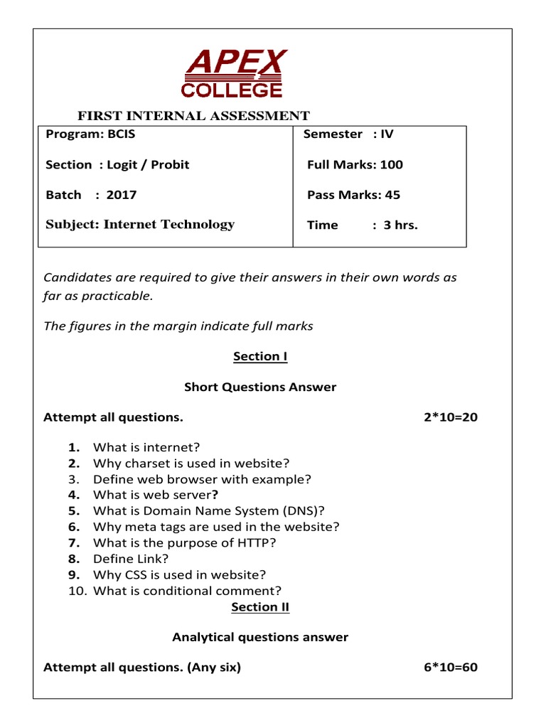 Internet Technology Question Paper | PDF | Html | Hyperlink