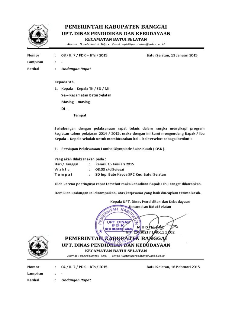 Undangan Rapat Kepsek Kec. Batan | PDF