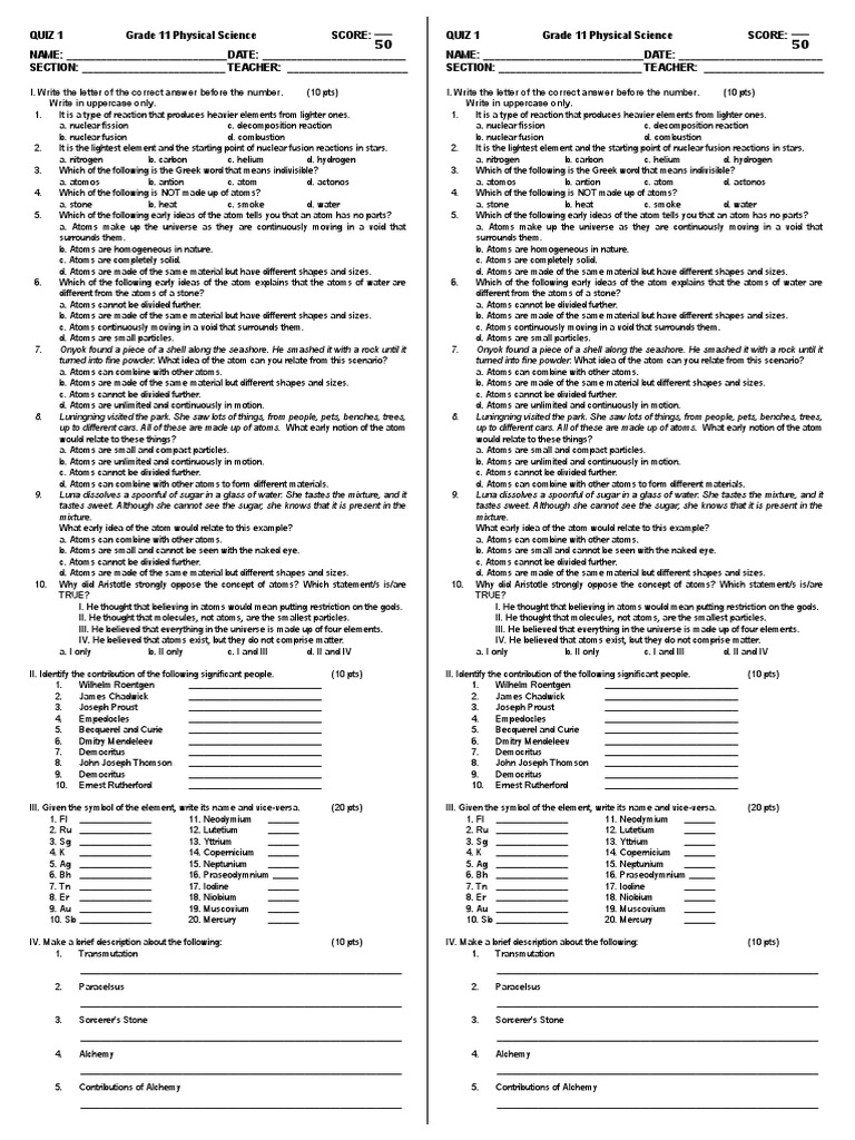 Physical Science Quiz 1 | PDF | Chemical Elements | Atoms