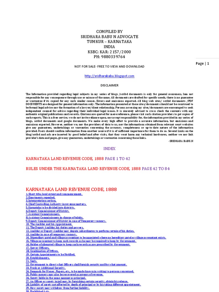 Karnataka Land Revenue Code & Rules 1888 | PDF | Leasehold Estate | Lease