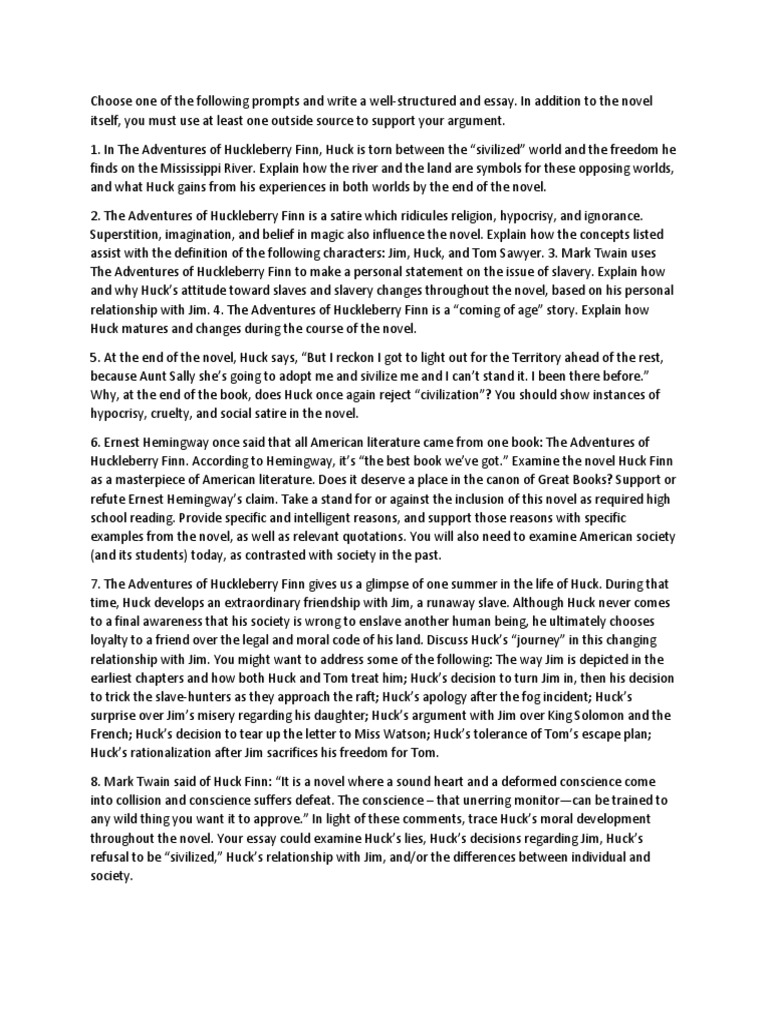 Essay For Huck Finn | PDF | Huckleberry Finn | Adventures Of ...