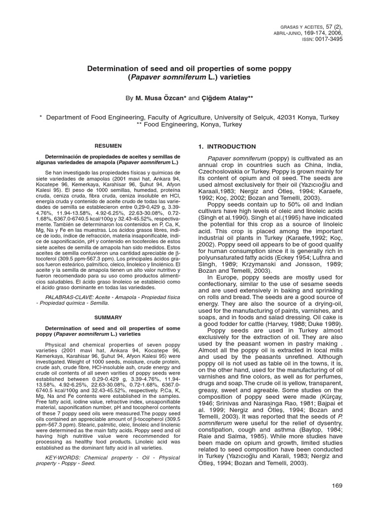 Determination of Seed and Oil Properties of Some Poppy (Papaver ...