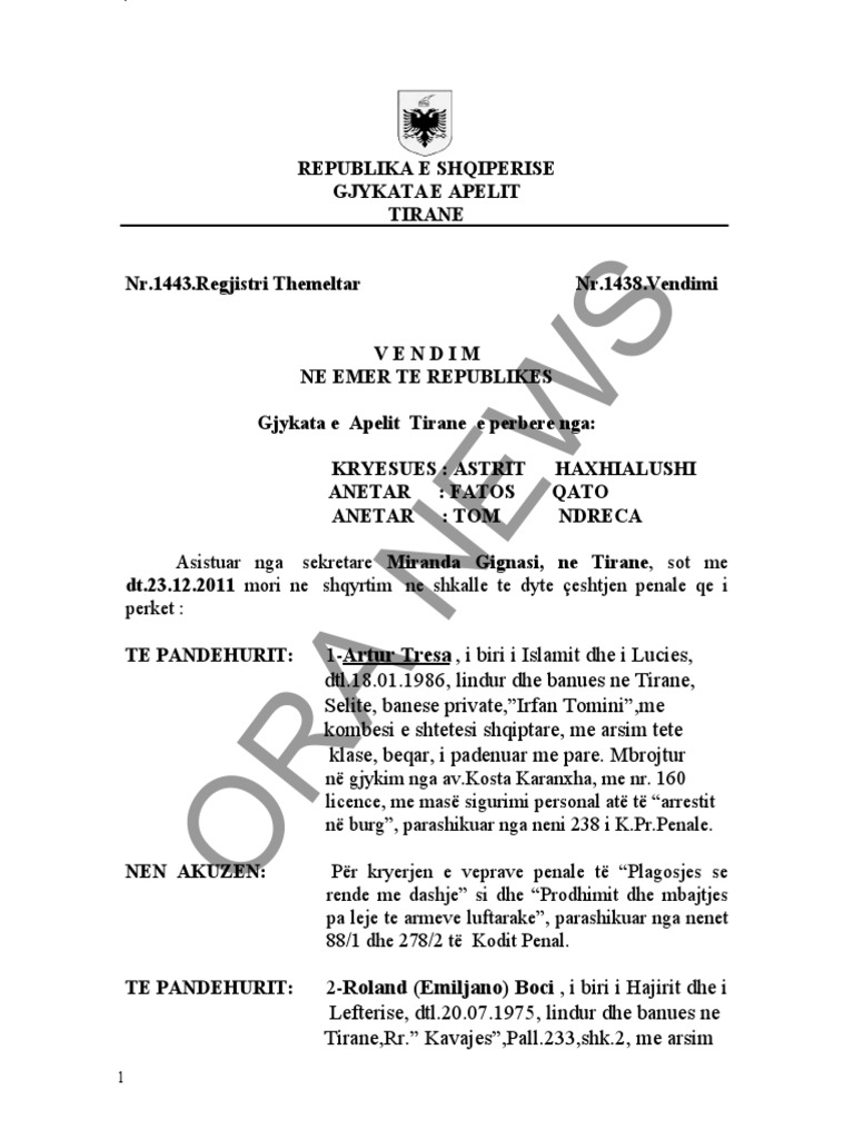 Vendimi I Gjykatës Së Apelit Për Emiljano Boçin | PDF
