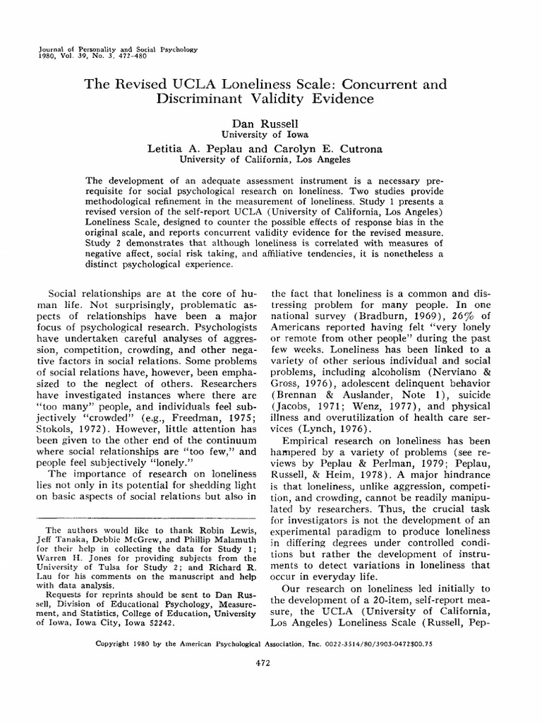 UCLA Lonliness Scale | PDF | Loneliness | Validity (Statistics)