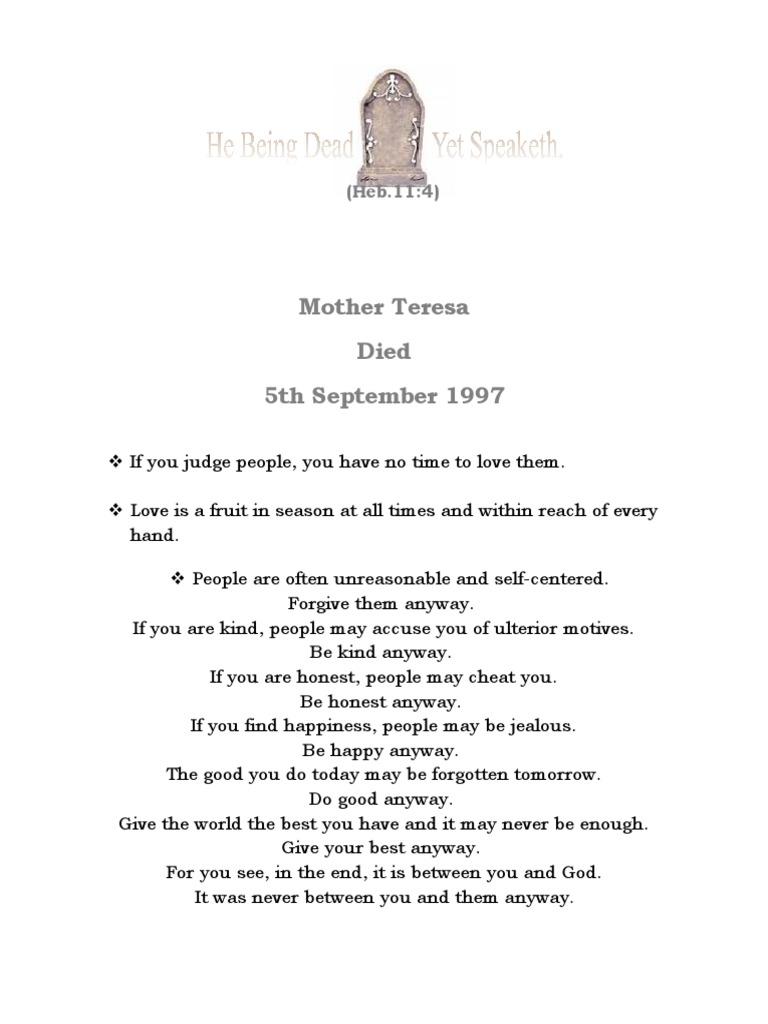 Mother Teresa - 5th September 1997 | PDF | Love | Prayer