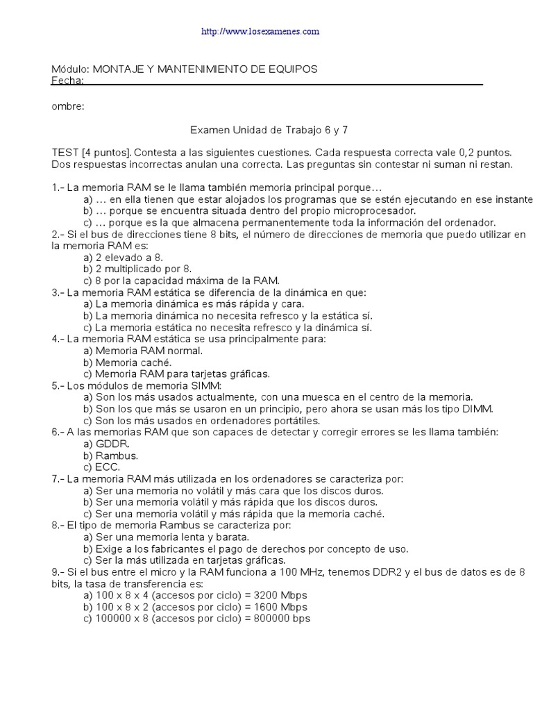 Examen UT6 y UT7 | PDF | Disco duro | Memoria de acceso aleatorio