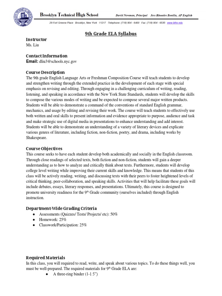 9th Grade Ela Syllabus 2 | PDF | Regents Examinations | Test (Assessment)