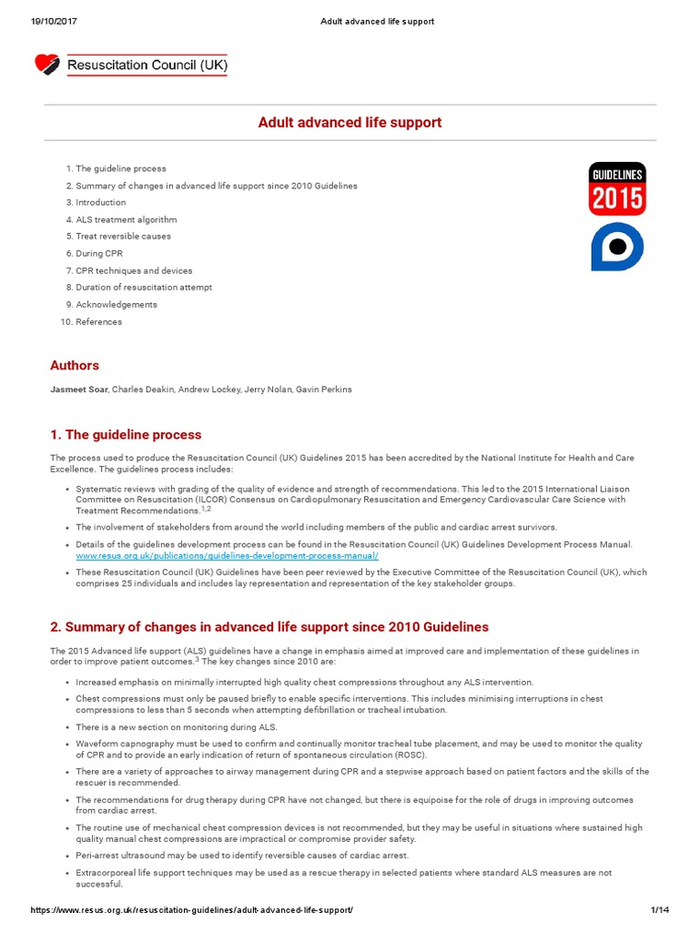 Adult Advanced Life Support | PDF | Cardiopulmonary Resuscitation ...