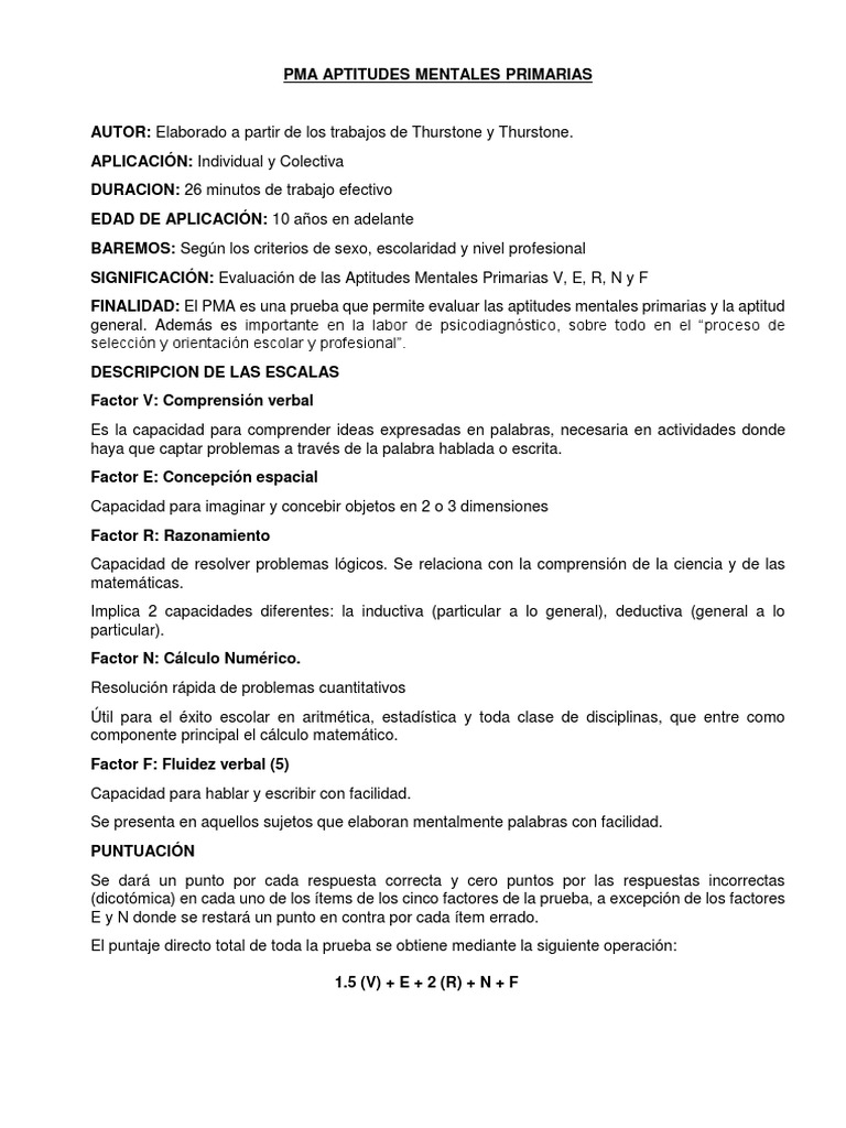 PMA Aptitudes Mentales Primarias Test | PDF | Razón | Enseñanza de ...