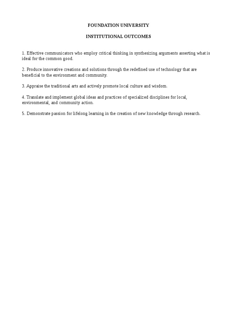 Foundation University Institutional Outcomes | PDF