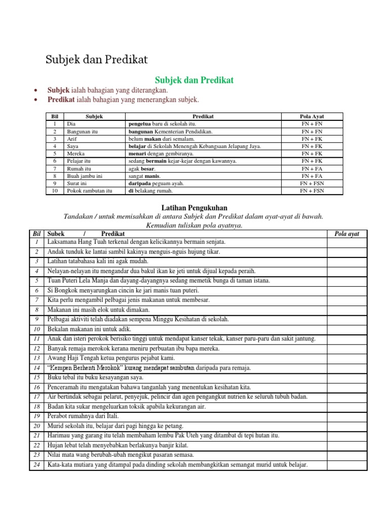 Latihan Subjek Dan Predikat | PDF