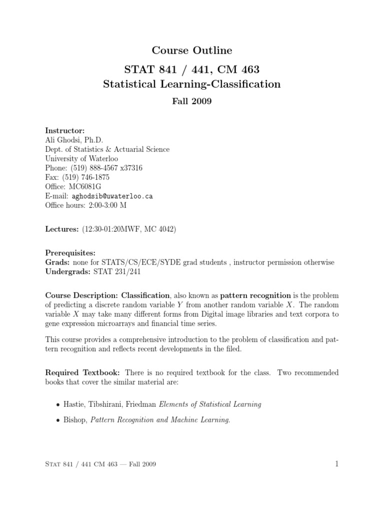 Statistical Learning Classification Course Outline | PDF | Pattern Recognition | Statistical ...