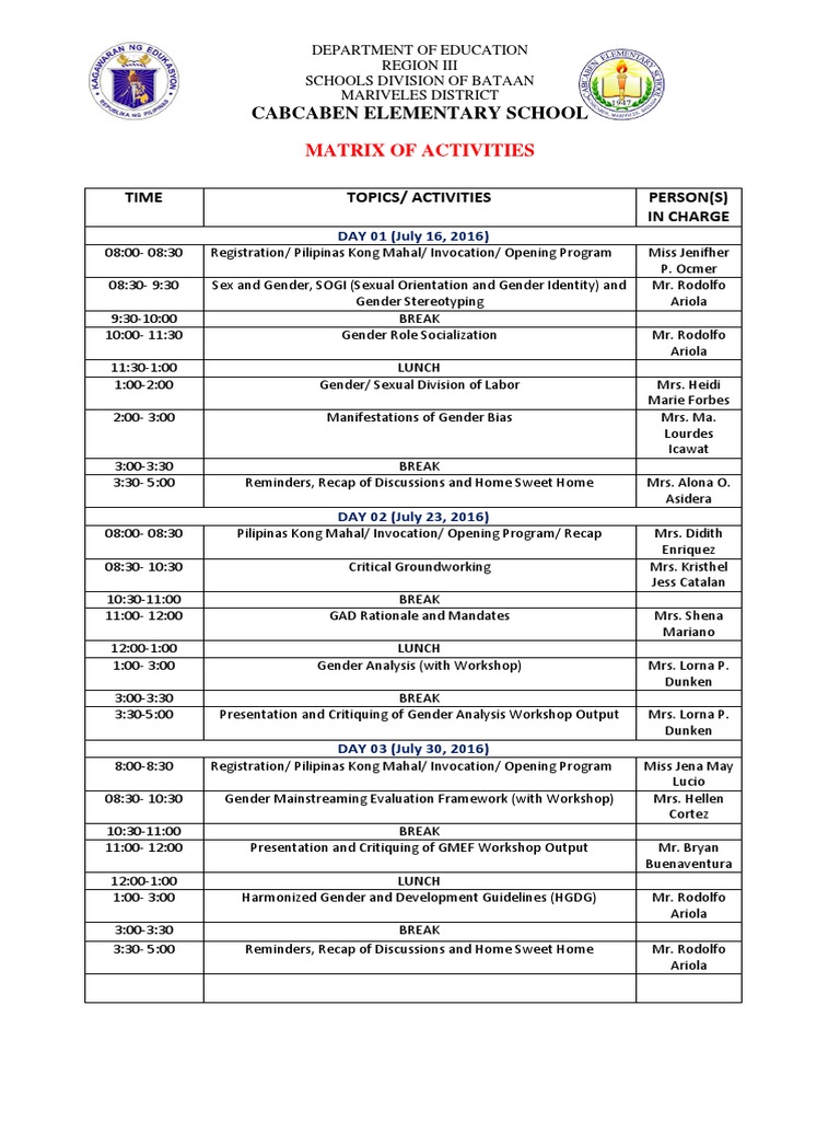 Cabcaben Elementary School: Matrix of Activities | PDF