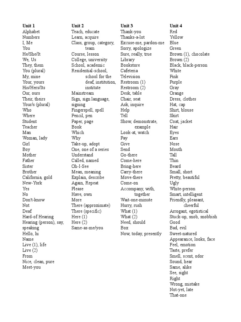 ASL Vocabulary List | PDF | American Sign Language | Object (Grammar)