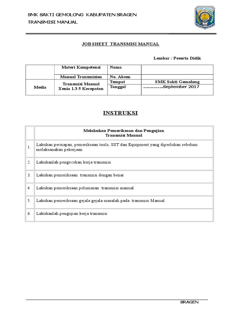 Job Sheet Transmisi Manual SMK Sragen | PDF | Teknologi & Rekayasa