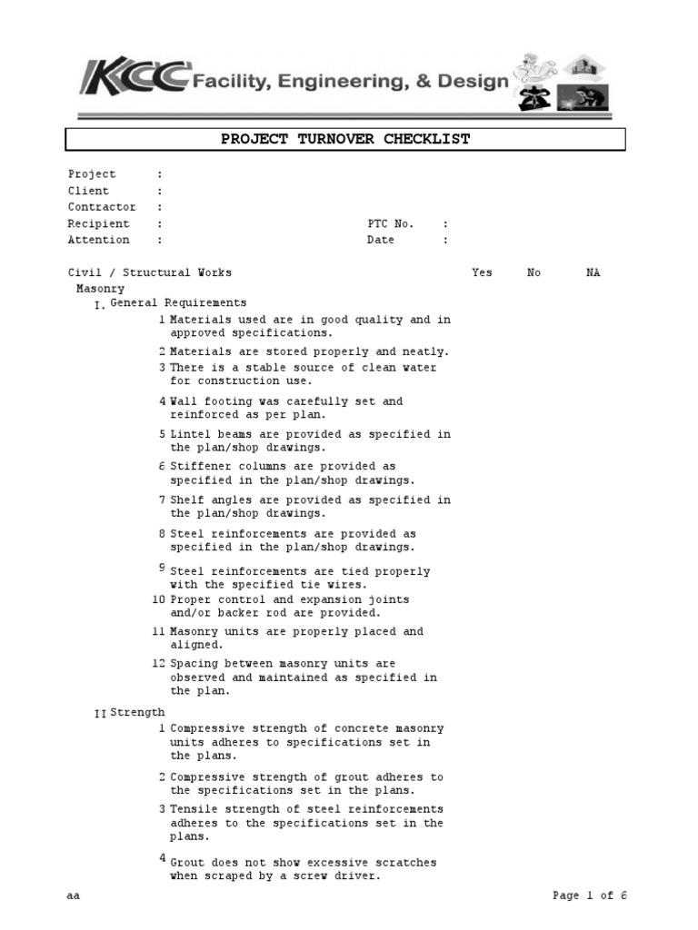 Project Turnover Checklist | Masonry | Beam (Structure)