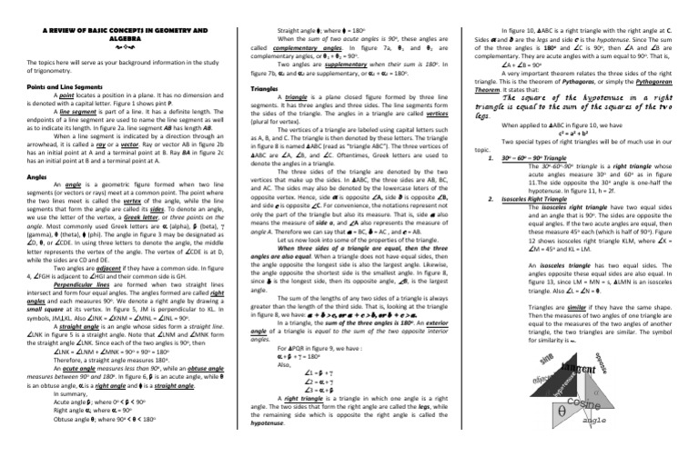 A Review of Basic Concepts in Geometry and Algebra | PDF | Triangle | Space