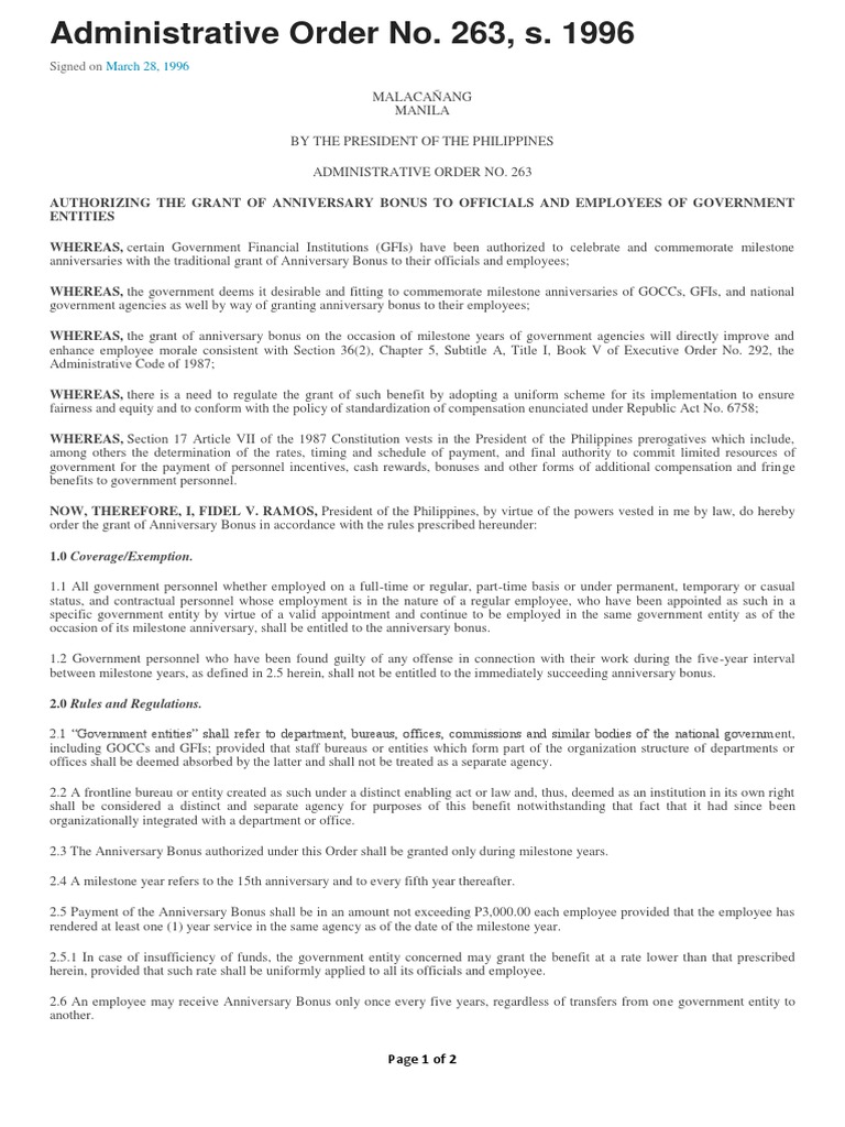 Administrative Order No 263 Re. Anniv Bonus | President Of The ...