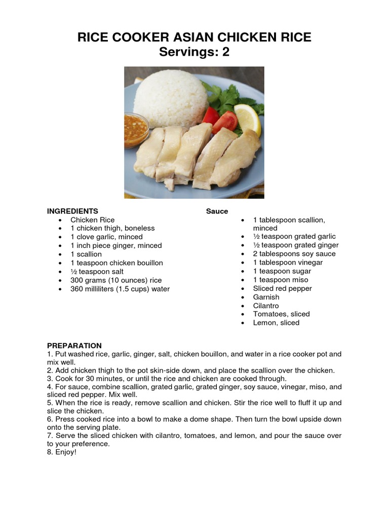 Rice Cooker Asian Chicken Rice | PDF