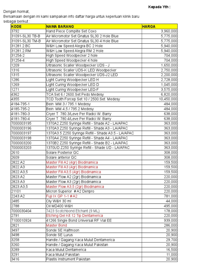 Daftar Harga Peralatan Klinik | PDF