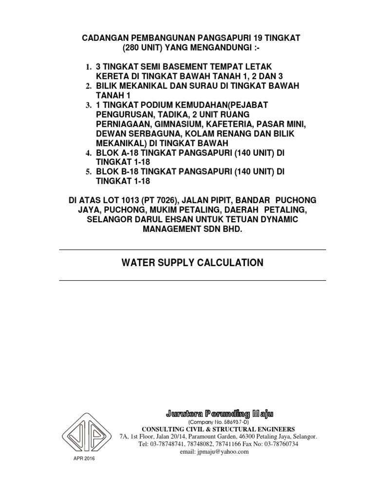 Water Supply Calculation Syabas | PDF | Valve | Pipe (Fluid Conveyance)