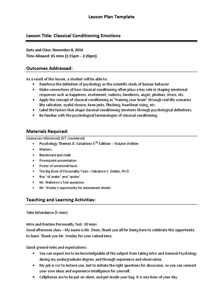Psychology Lesson Plan Nov 8 | PDF | Classical Conditioning | Fear