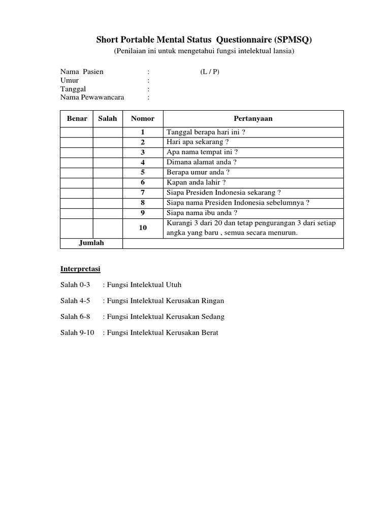 Penilaian Kognitif Lansia dengan SPMSQ | PDF