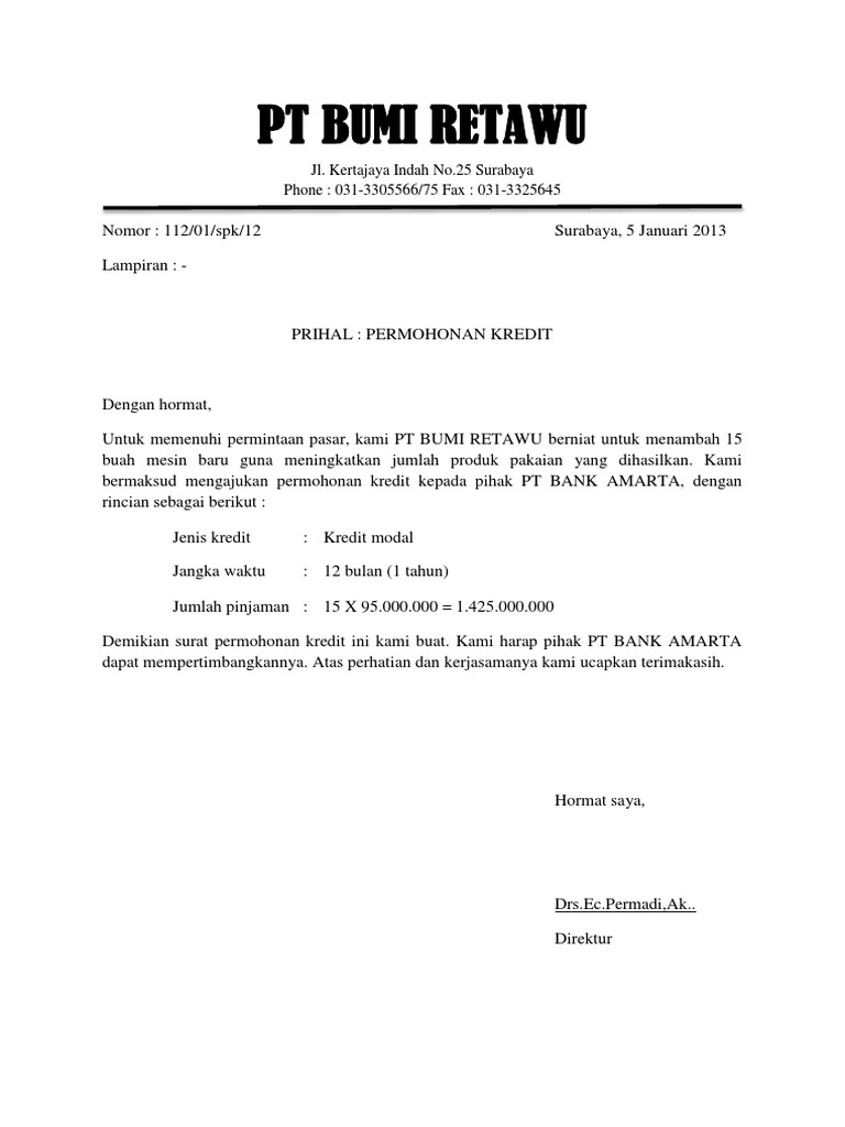 Surat Permohonan Kredit PT BUMI RETAWU Sheila | PDF