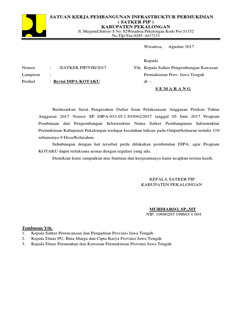 Surat Revisi Dipa Kotaku Satker | PDF