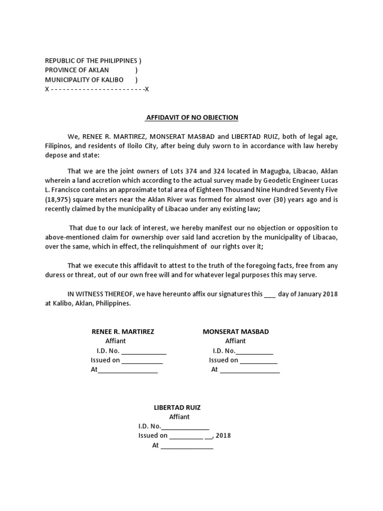 Affidavvit of No Objection | PDF | Affidavit | Legal Communication